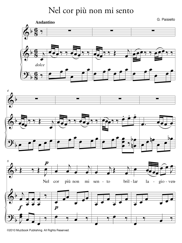 Nel cor più non mi sento - High Voice and Piano - Giovanni Paisiello ... Nel cor più non mi sento - High Voice and Piano - Giovanni Paisiello ...